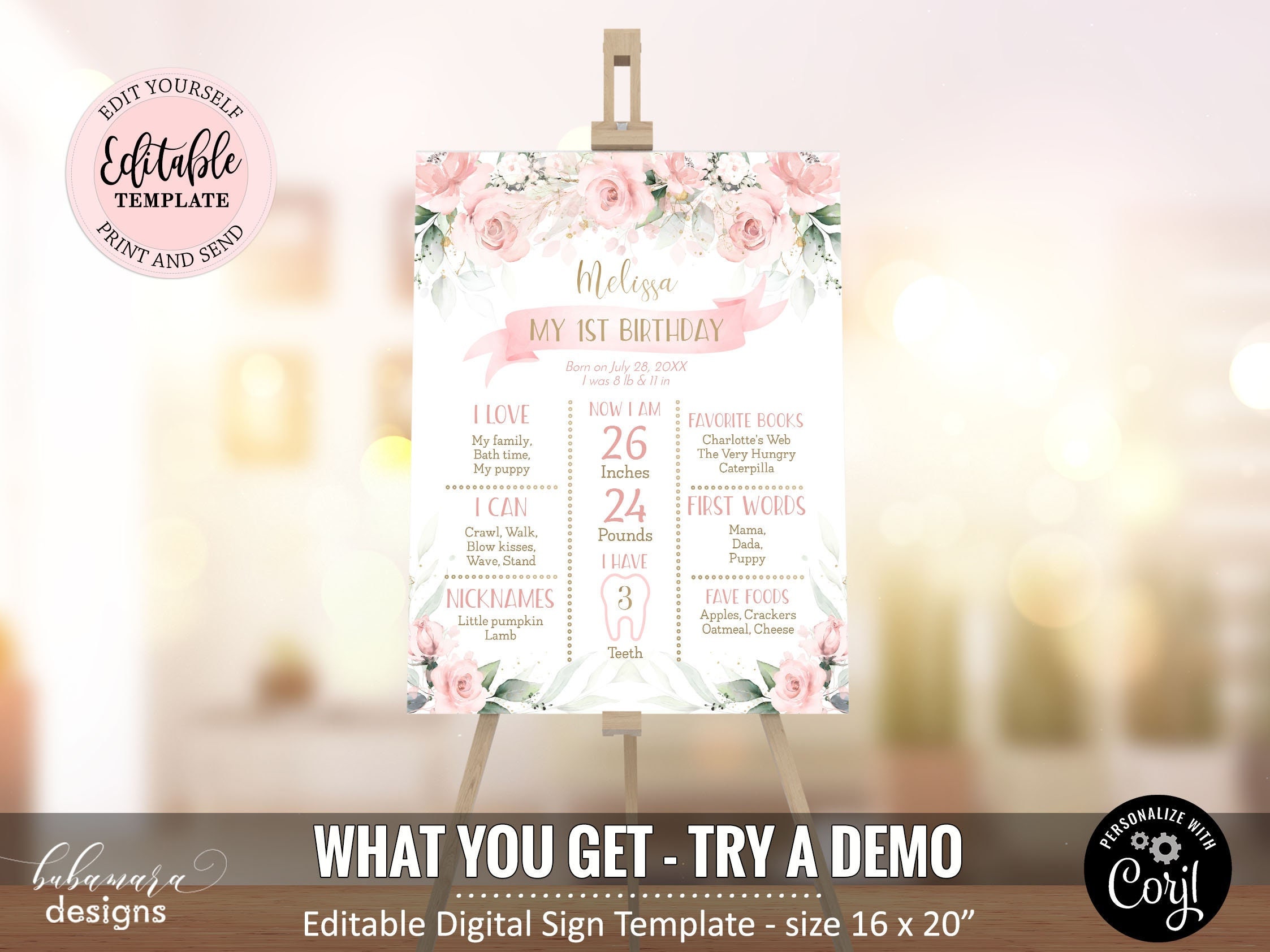 Blush Pink Floral Milestone Birthday Sign Girl Editable - Etsy