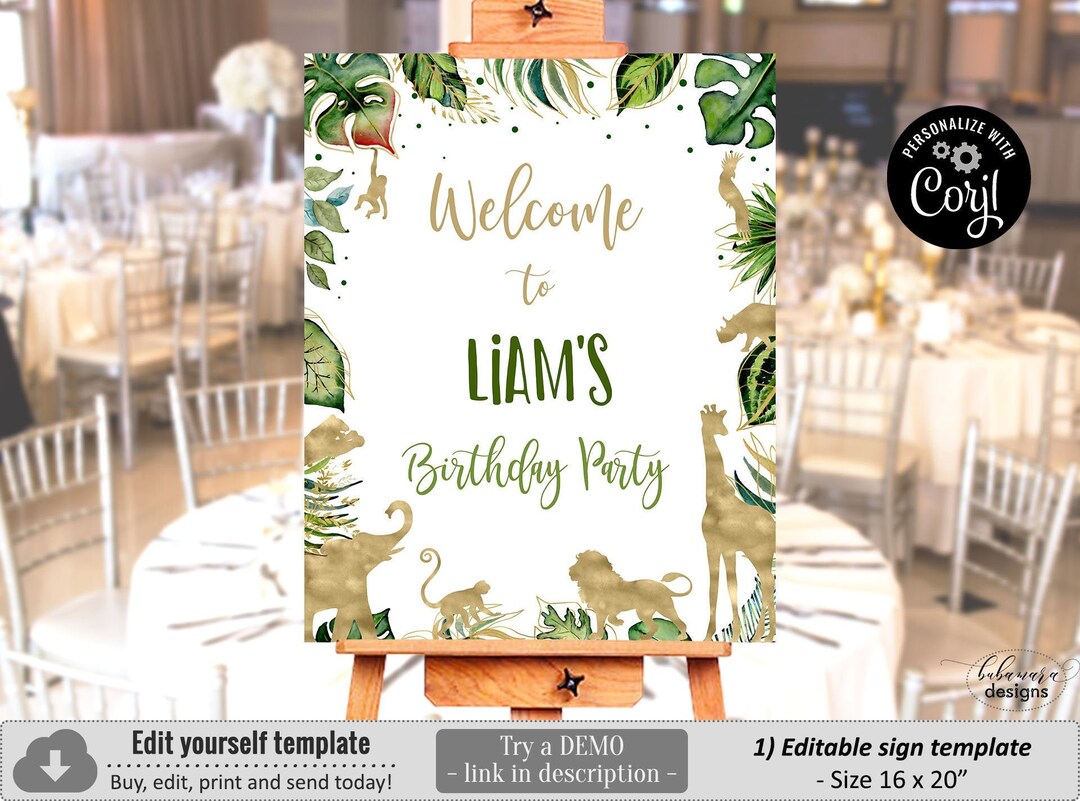 Safari Welcome Sign, Gold Jungle Animals Birthday Welcome Sign ...