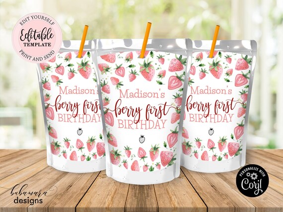 Editable Strawberries Juice Box Label, Berry First Birthday Party Juice ...