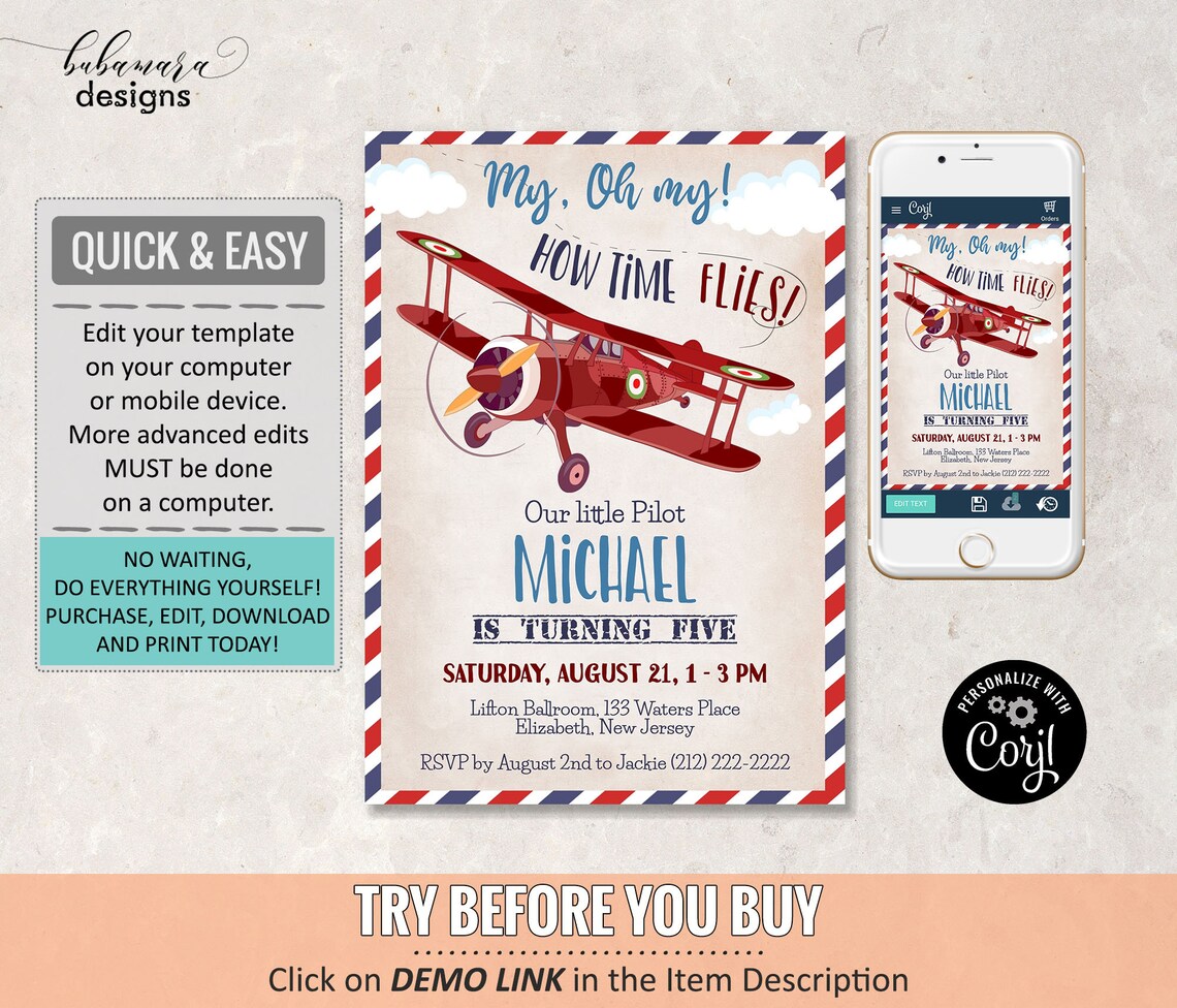 Airplane Birthday Invitation Boy Pilot Boy Birthday Invite | Etsy