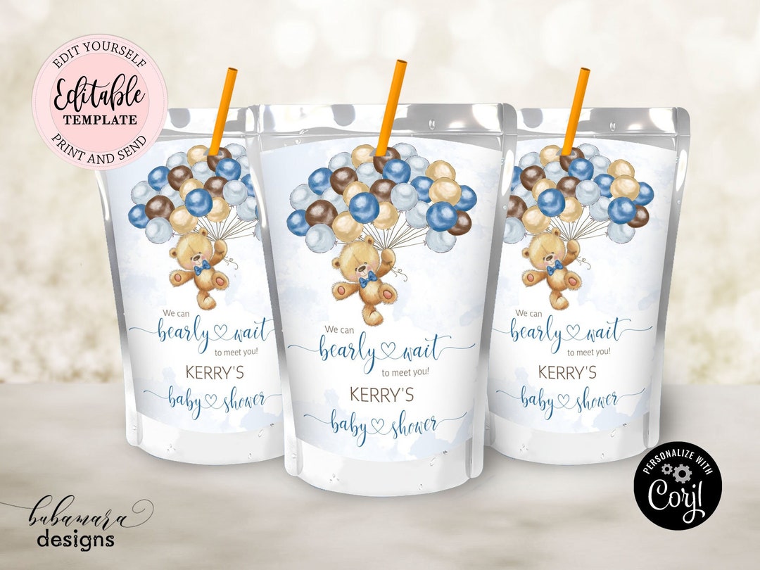 Editable Bear Balloons Juice Box Label, Teddy Bear Blue Brown Balloons ...