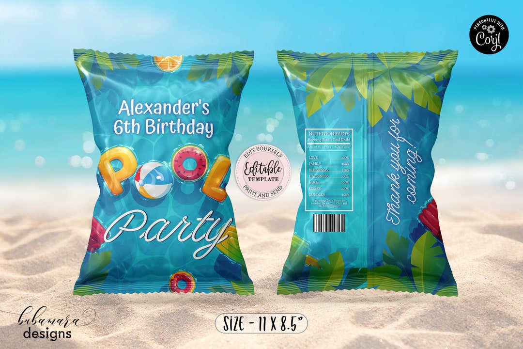 Editable Pool Party Chip Bag, Pool Party Birthday Chip Bag, Boy Summer ...