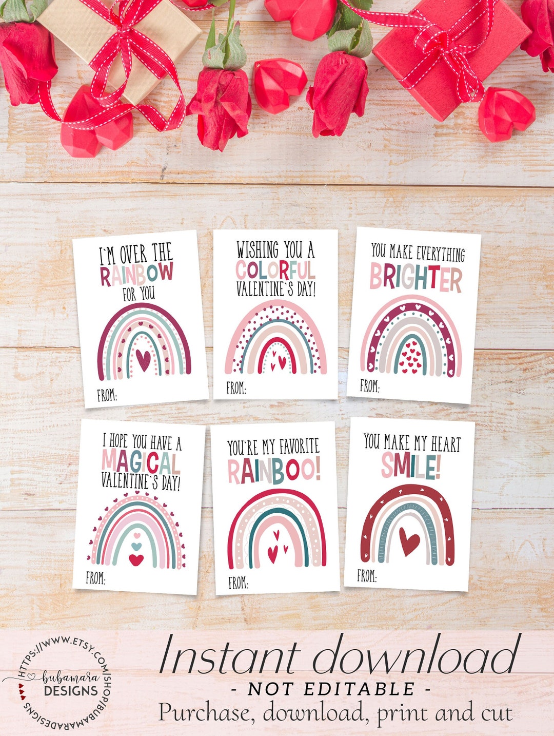 Printable Rainbow Valentine Cards, Boho Rainbow Valentine Tags for Kids ...
