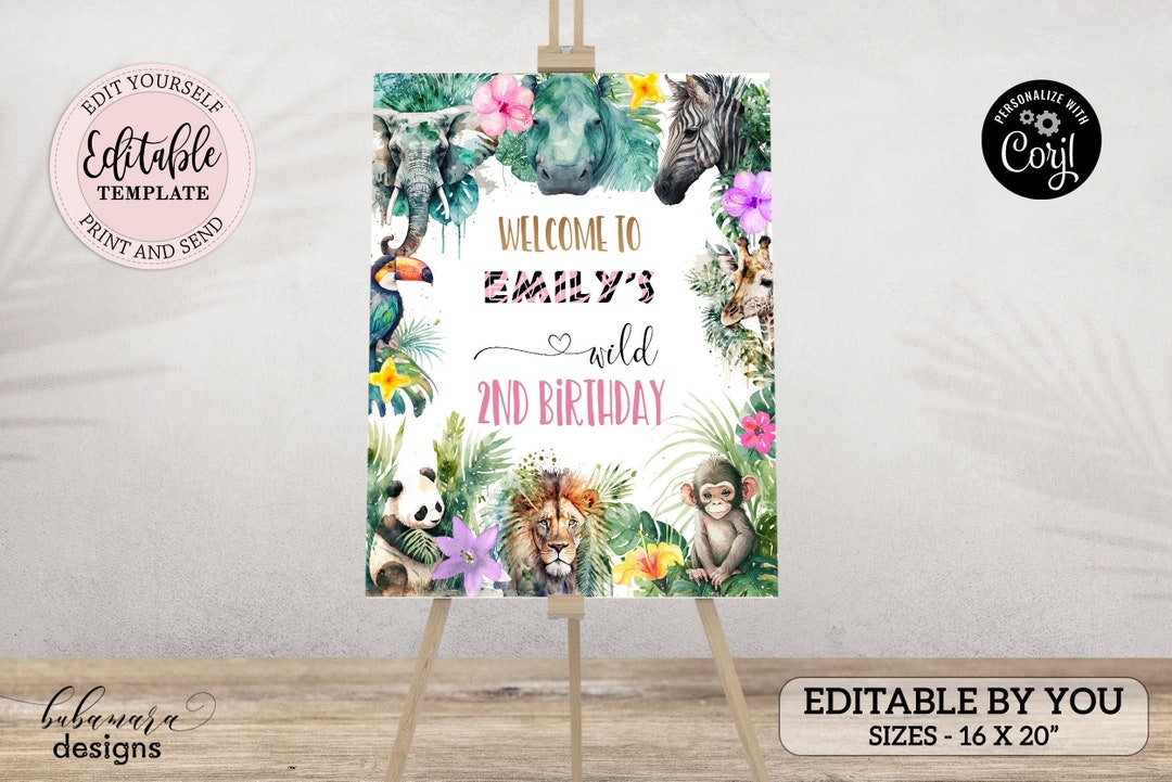 Editable Jungle Party Welcome Sign, Girl Wild Child Safari Animals ...