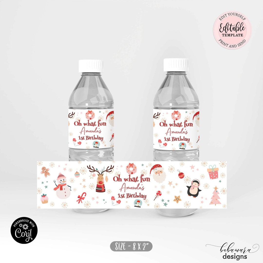 Editable Christmas Water Bottle Label, Pink Holiday Birthday Water ...