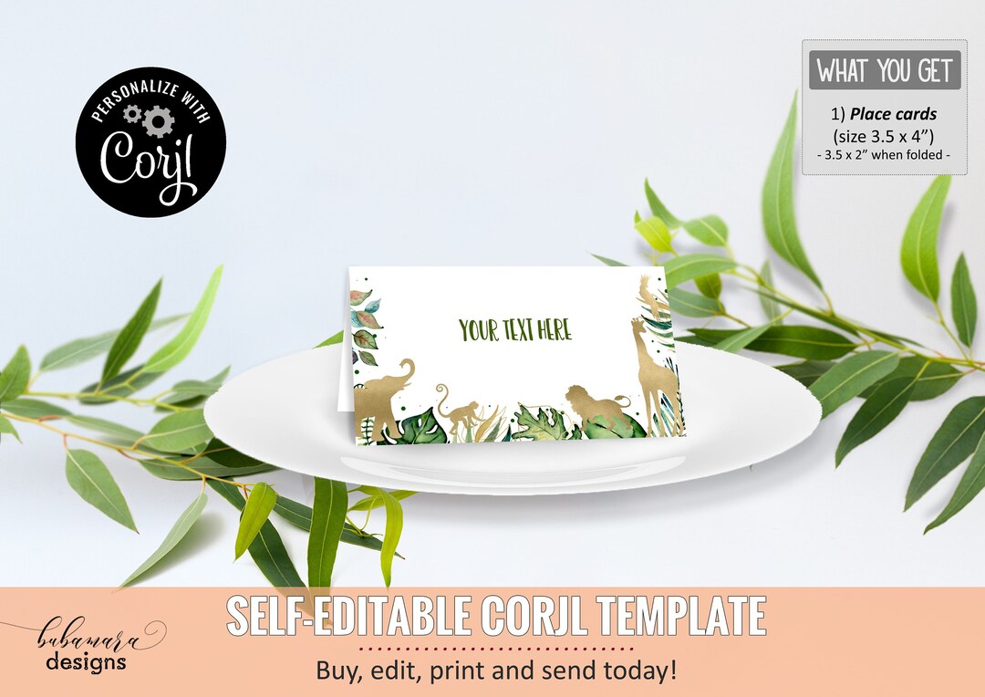 Gold Safari Place Cards, Jungle Animals Table Cards, Tropical Food ...