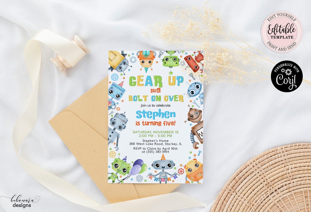 Editable Robot Birthday Invitation, Robot Party Boy Birthday Invite ...