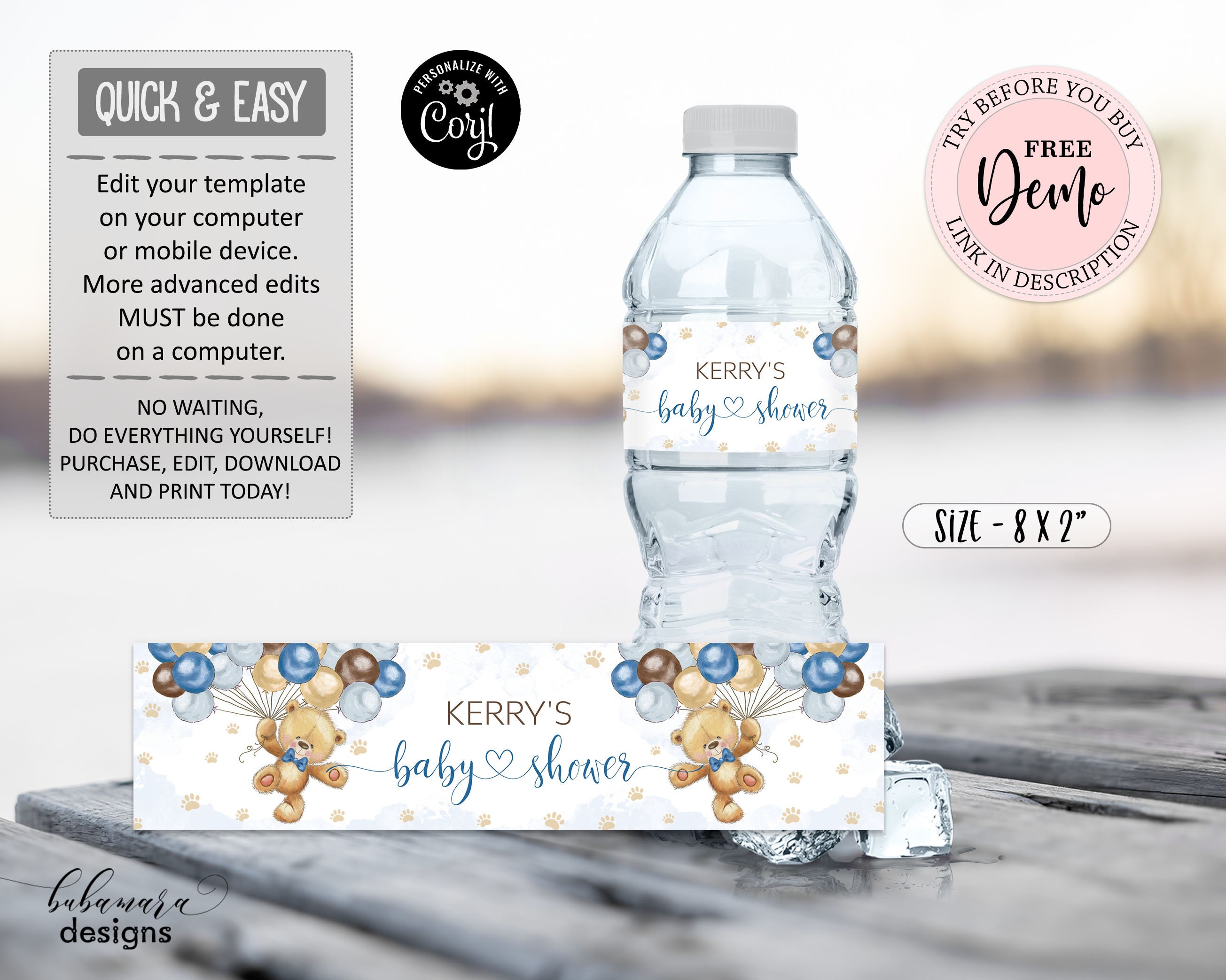 Editable Teddy Bear Water Bottle Label Blue Brown Balloons - Etsy