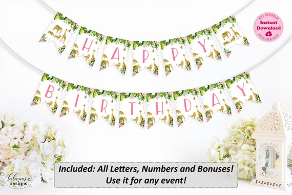 Jungle Animals Banner, Safari Pennant, Pink Floral Tropical Girl ...