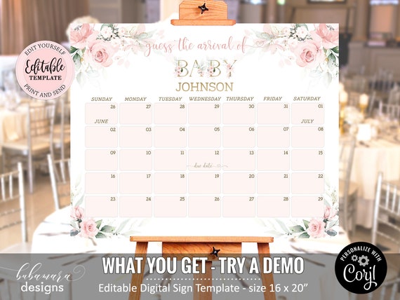 Editable Blush Pink Floral Baby Shower Due Date Calendar, Printable ...