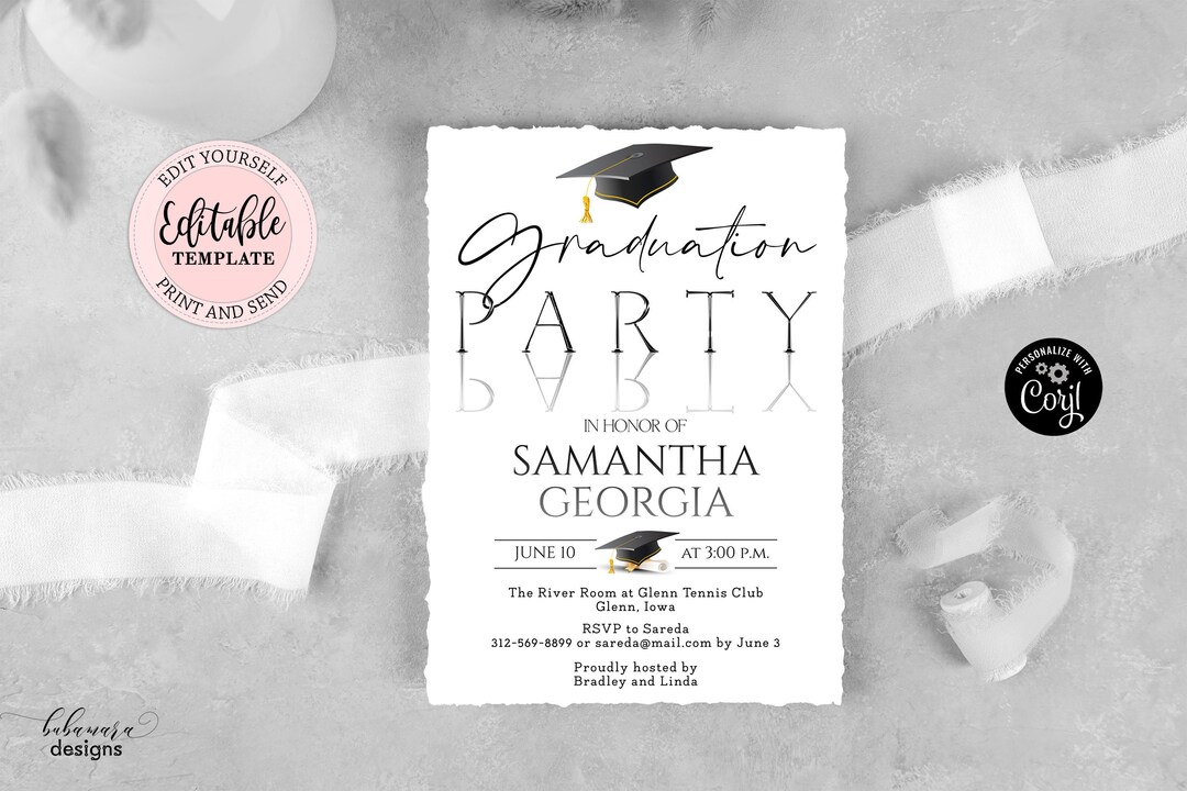 Editable Graduation Party Invitation, Black White Grad Invite ...