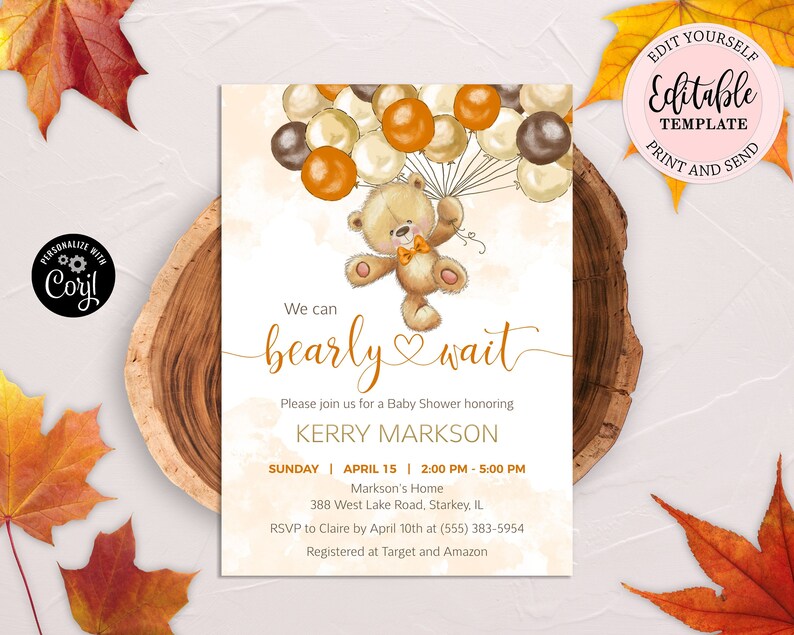Editable Bear Balloons Baby Shower Invitation Template Orange - Etsy