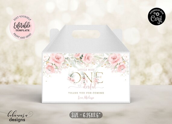 Editable Little Miss Onederful Gable Box Label, Blush Floral 1st Birthday Gift Box Label, Girl ...