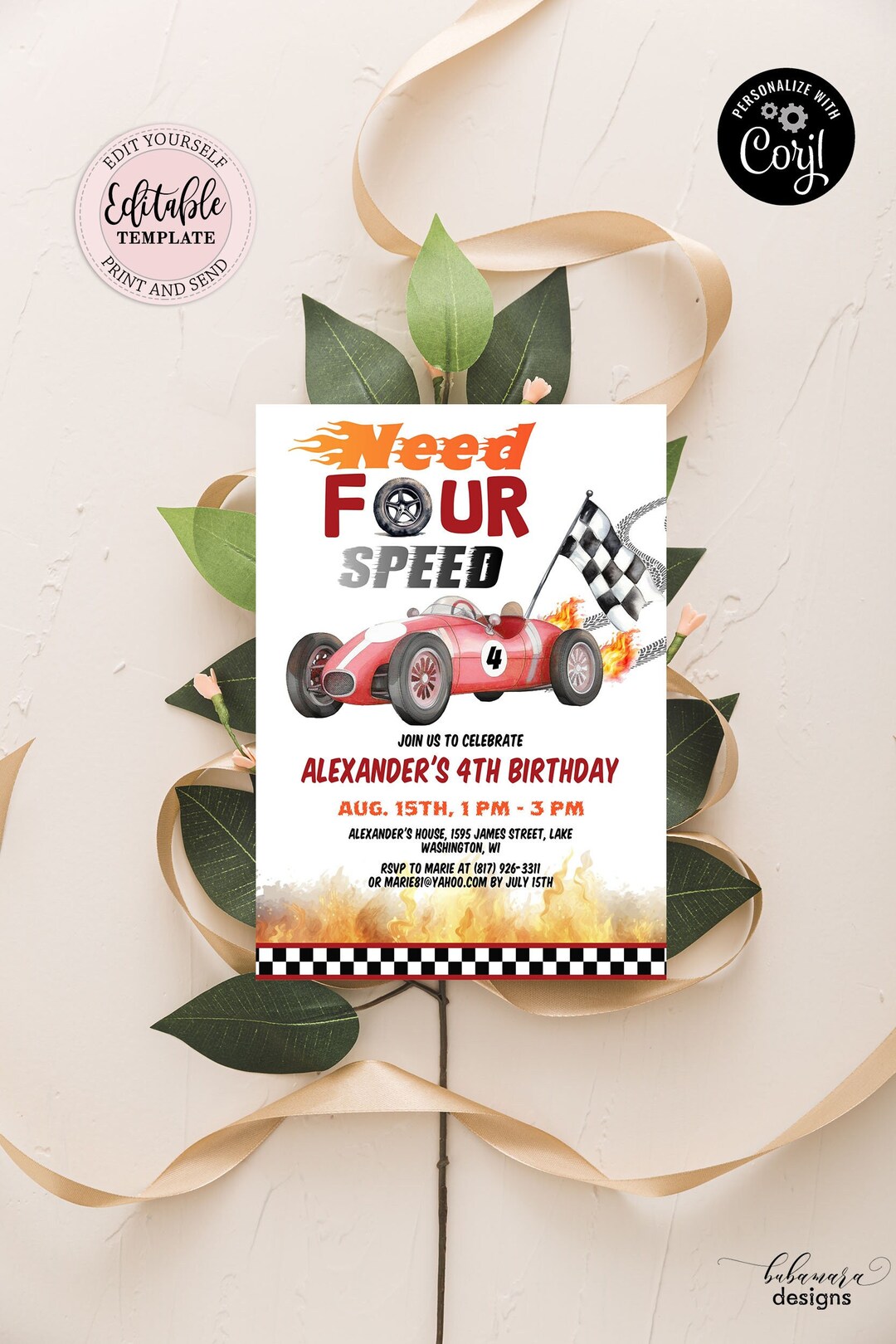 Editable Need Four Speed Race Car 4th Birthday Invitation, Red Racing ...
