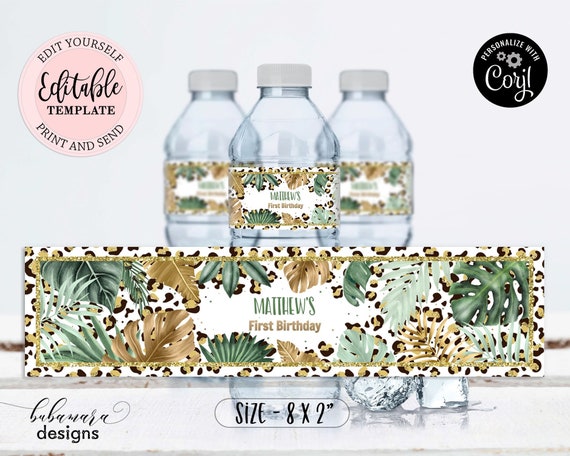 Editable Wild Leopard Print Water Bottle Label, Boy Jungle Bottle Label ...