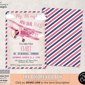 Airplane Birthday Invitation Girl, Editable Pink Airplane Birthday ...