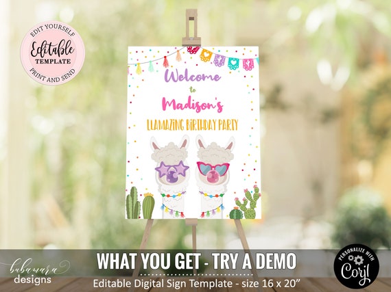 Editable Llama Welcome Sign, Llama Birthday Welcome Sign, Cactus Fiesta ...