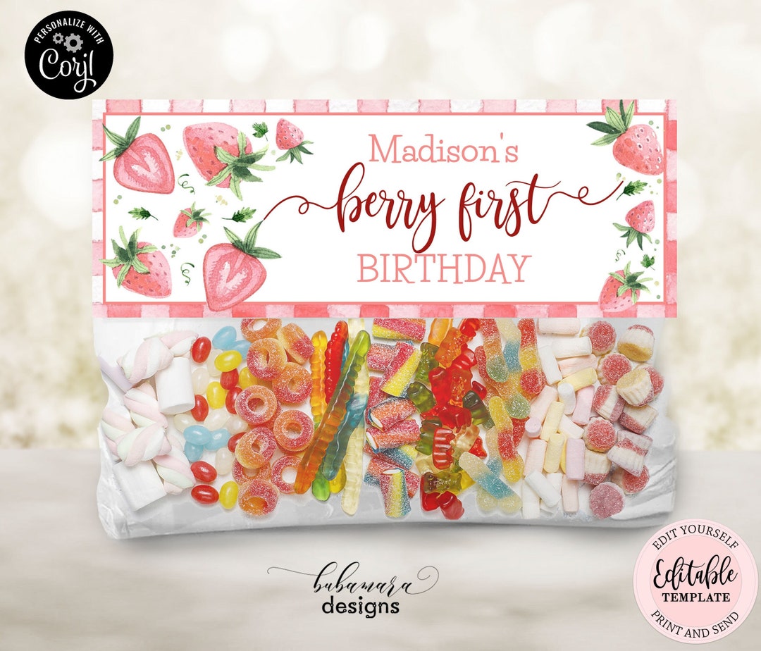 Editable Strawberry Bag Toppers, Berry First Birthday Treat Bag Toppers ...