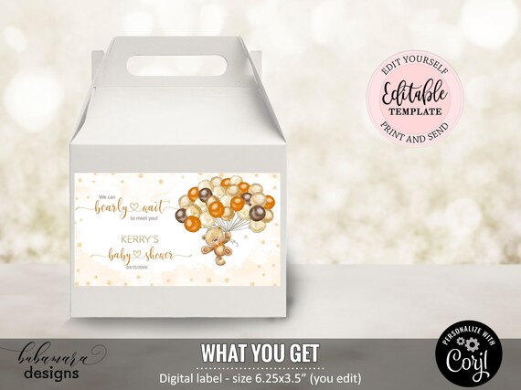 Editable Bear Balloons Baby Shower Gable Box Label, Orange Balloons Box ...