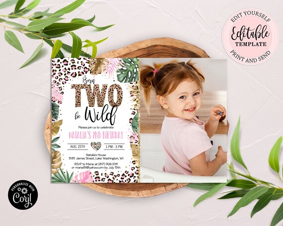 Editable Two Wild Photo Invitation, Safari Girl Birthday Party Invite ...