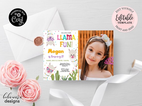 Editable Llama Birthday Invite Girl, Whole Llama Fun Invitation Photo ...
