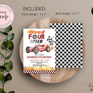 Editable Need Four Speed Race Car 4th Birthday Invitation, Red Racing ...