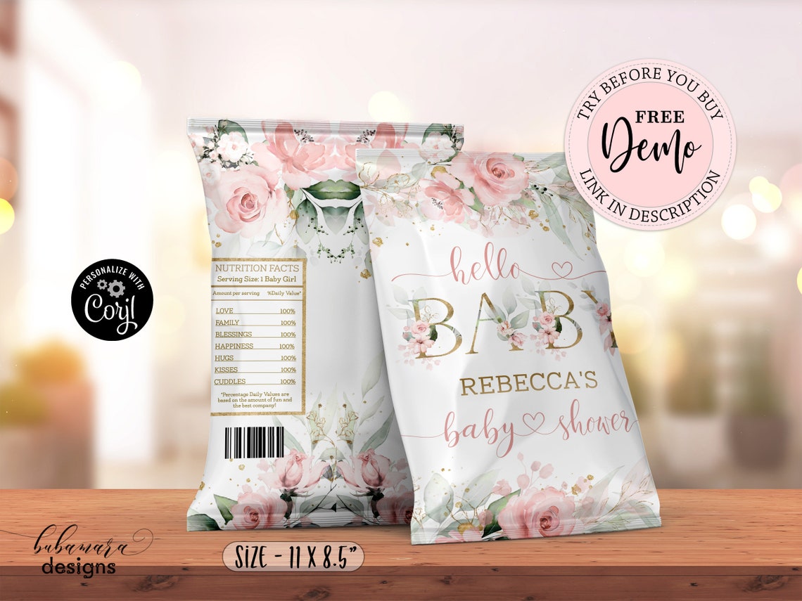 Editable Floral Baby Shower Chip Bag, Blush Pink Floral Chip Bag, Pink ...