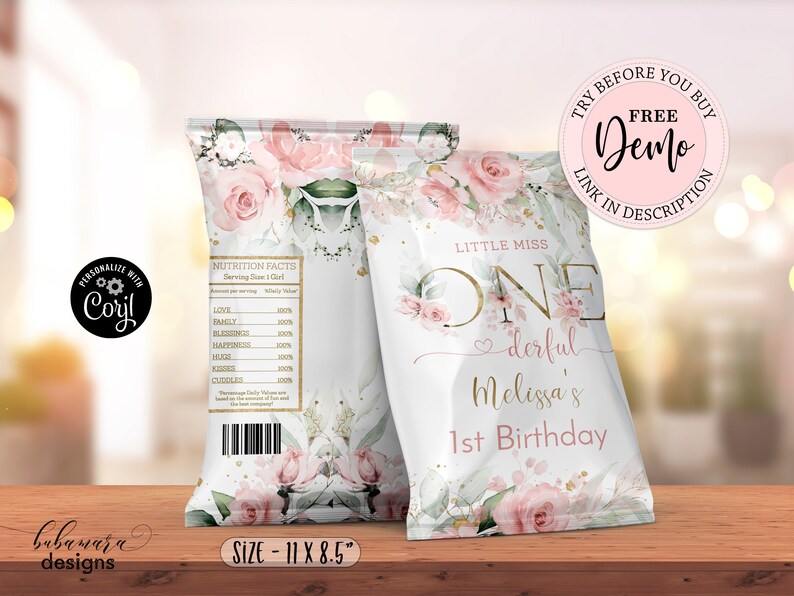 Editable Blush Pink Floral Chip Bag Onederful Chip Bag Blush - Etsy