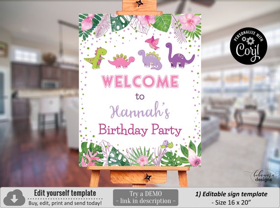 Editable Dinosaur Welcome Sign Template, Safari Dino Party Birthday ...