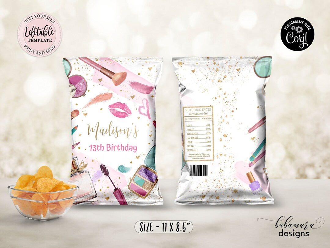 Editable Spa Party Chip Bag, Glitz and Glam Birthday Chip Bag, Pink ...