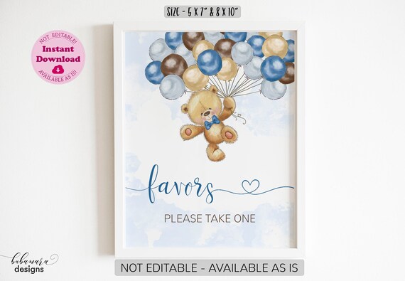 Teddy Bear Favors Sign, Blue Brown Balloons Favors Table Sign ...