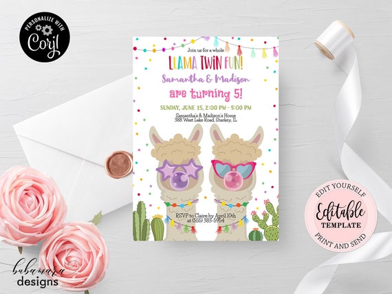 Editable Whole Llama Fun Birthday Invitation, Twin Llama Fiesta ...