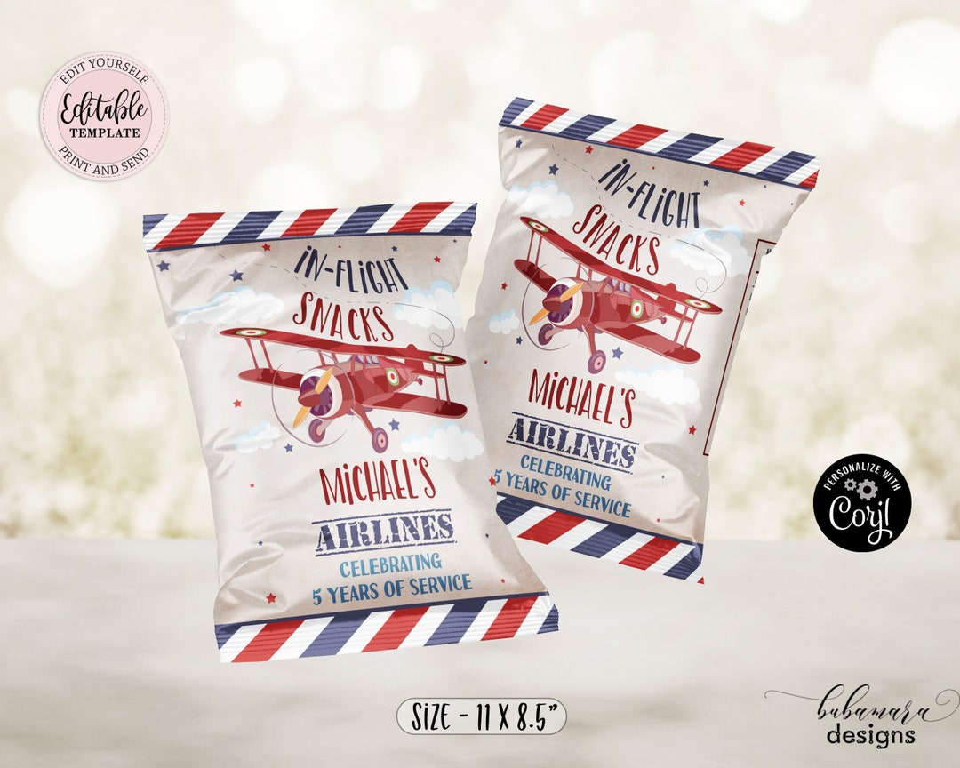 Editable Vintage Airplane Birthday Chip Bag, Red Blue Airplane Chip Bag ...