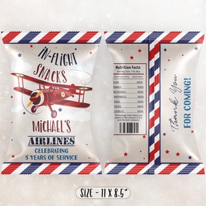 Editable Vintage Airplane Birthday Chip Bag, Red Blue Airplane Chip Bag ...