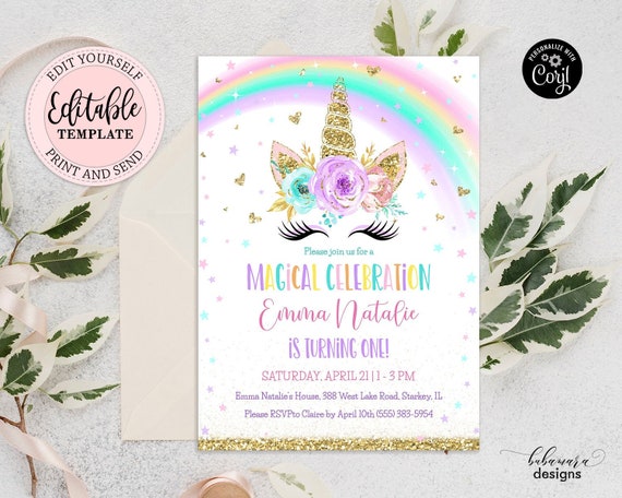 Editable Unicorn Invitation Girl Rainbow Unicorn Birthday Invite