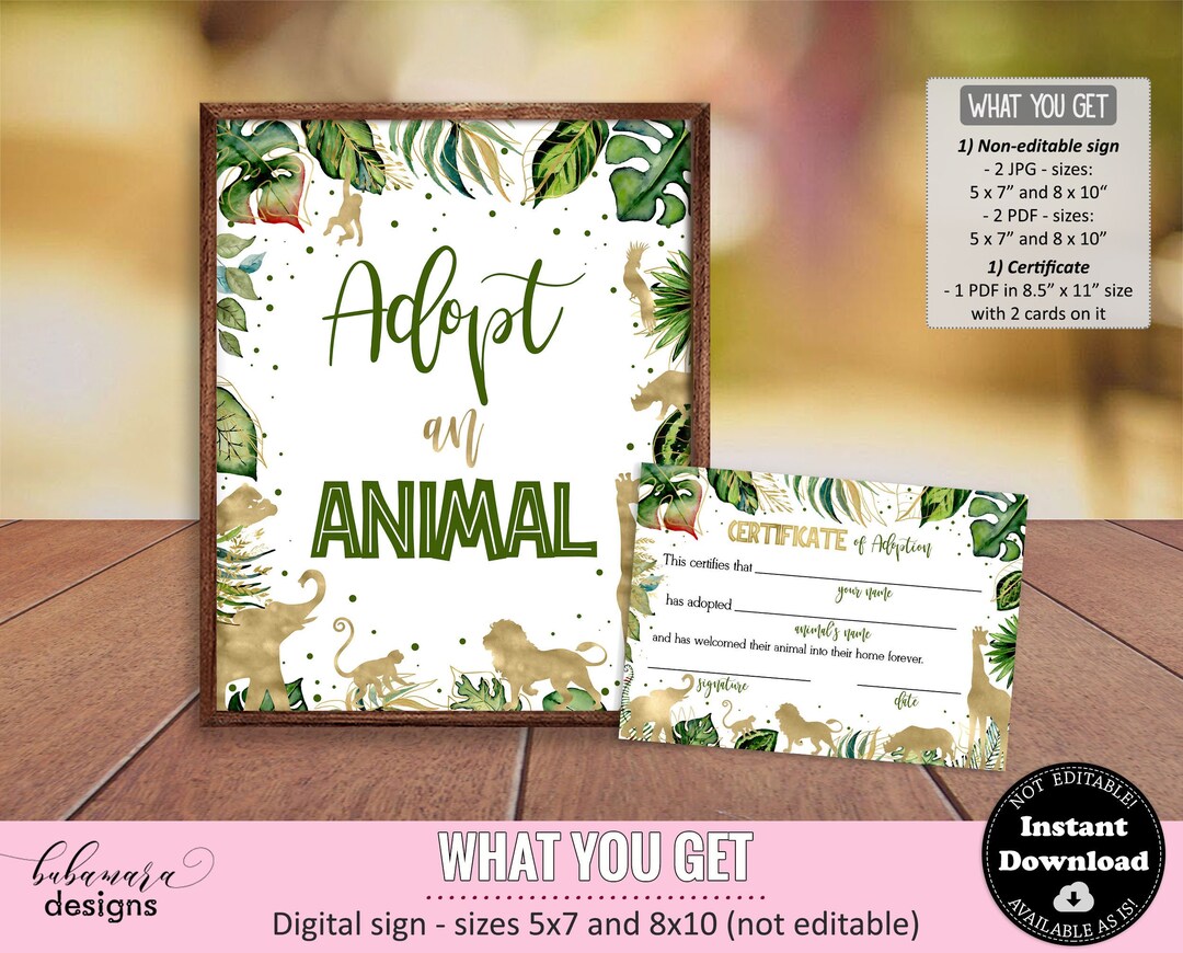 Adopt an Animal Birthday Sign Boy, Gold Jungle Animals Table Sign ...
