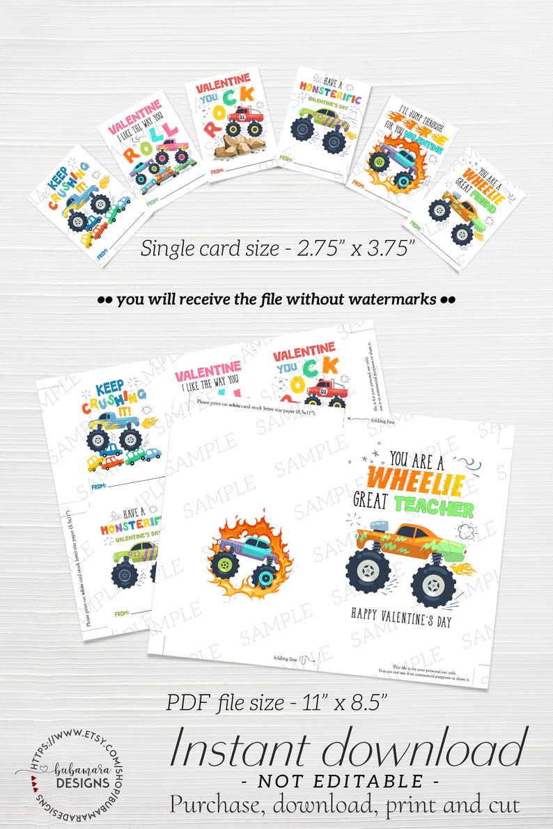 Printable Monster Truck Valentine Cards, Truck Valentine Tags for Kids ...