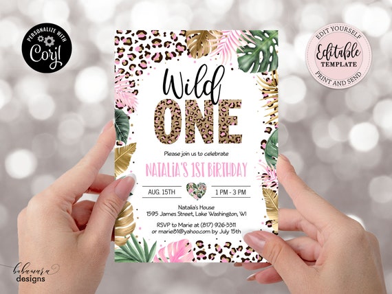 Editable Wild One Leopard Print Invitation, Jungle Birthday Party ...