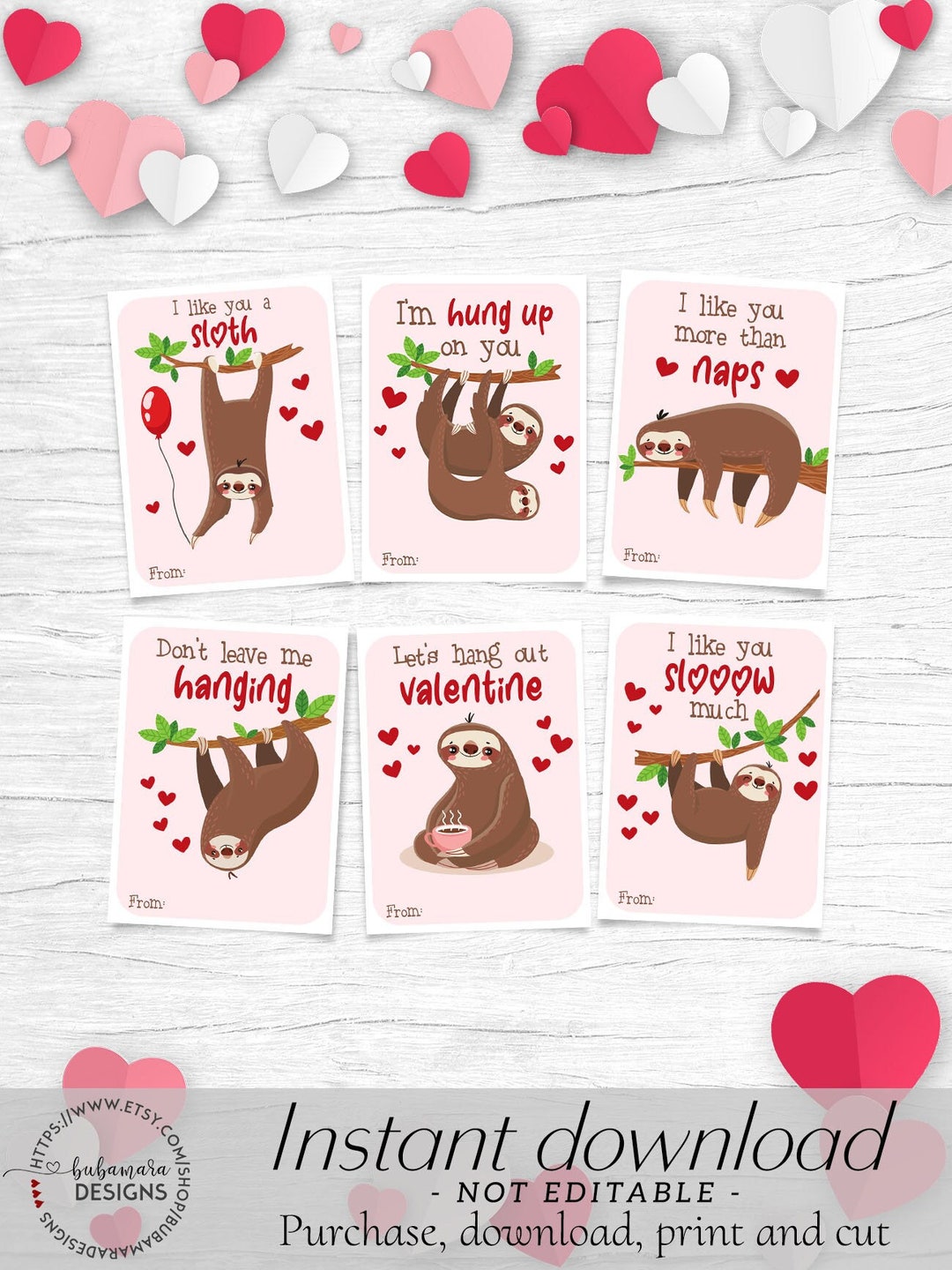 Printable Kids Sloth Classroom Valentine Cards, Sloth Valentine Tags ...