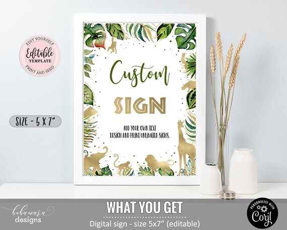 Editable Safari Custom Sign 5x7, Gold Jungle Animals Custom Sign ...