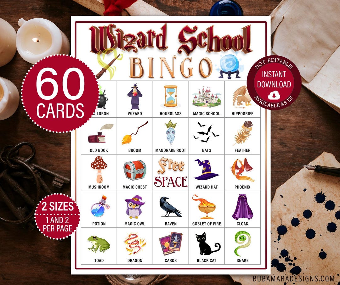 60 Wizard School Bingo Cards, Printable Halloween Bingo Cards, Holiday ...