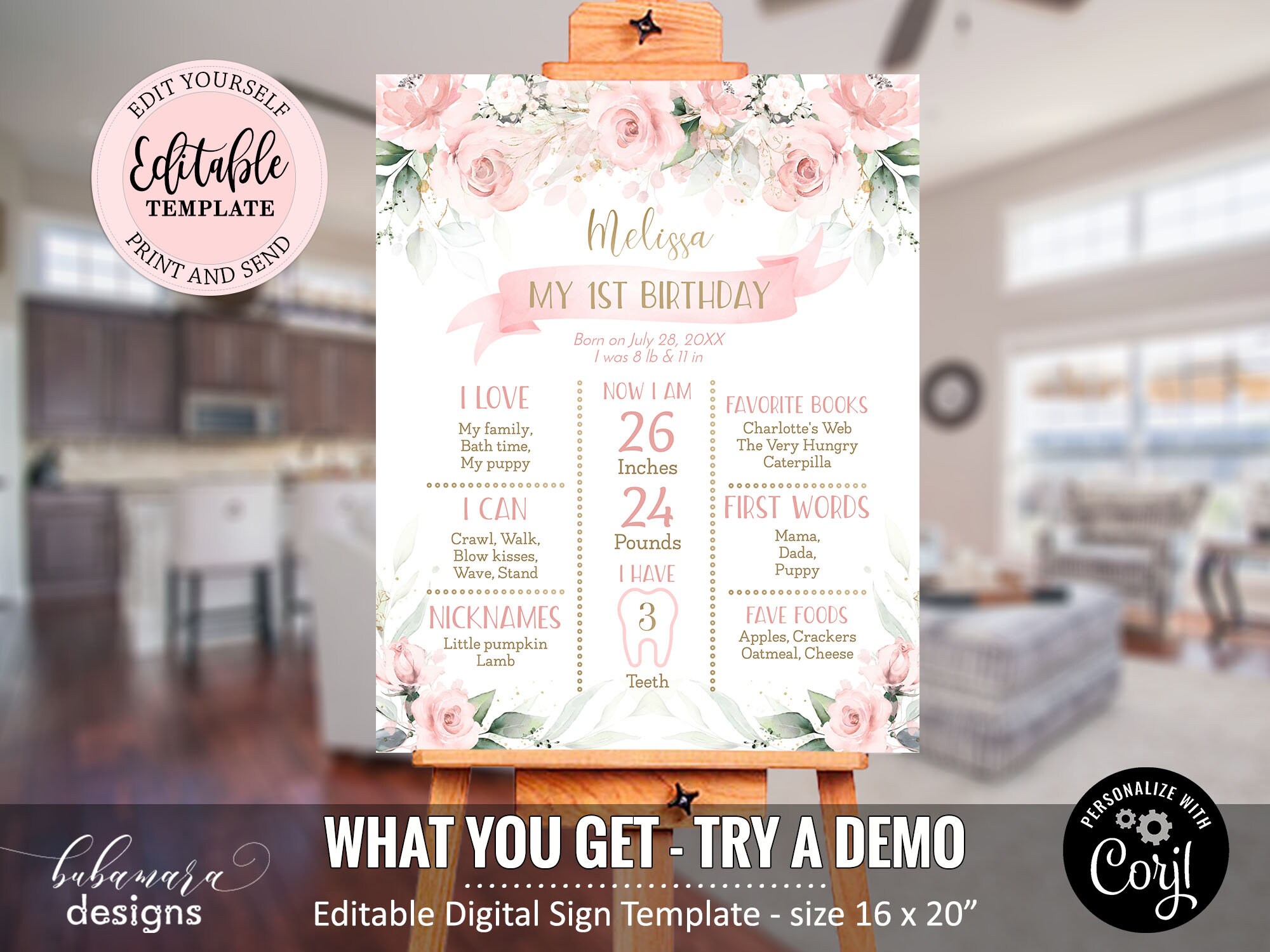 Blush Pink Floral Milestone Birthday Sign Girl Editable - Etsy