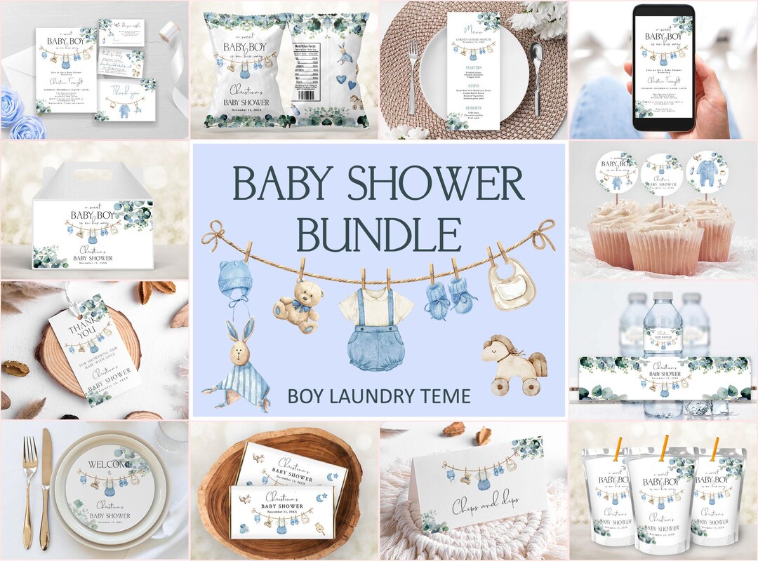 Editable Boy Baby Shower Bundle, Blue Laundry Baby Shower Set, Dresses ...