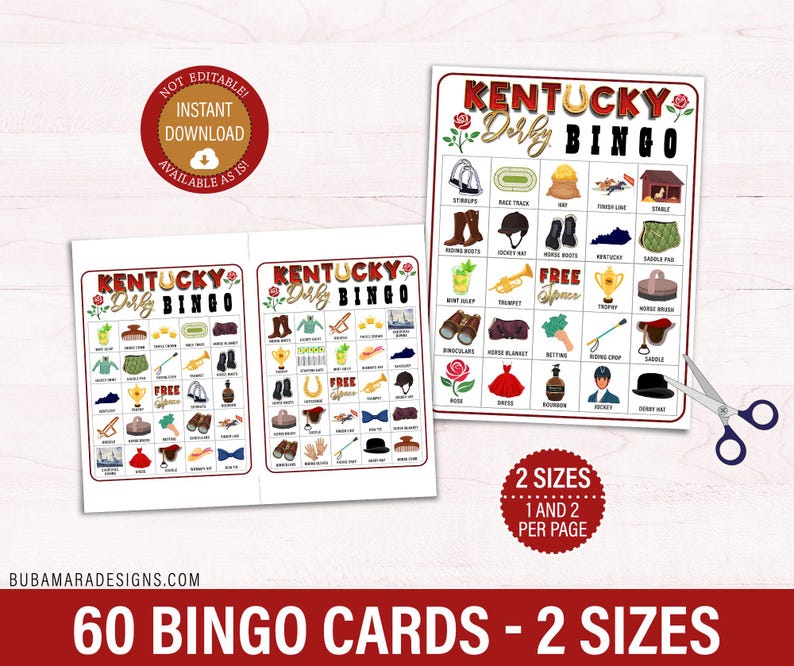 60 Kentucky Derby Cards, Printable Horse Race Game Activity, Run Roses ...