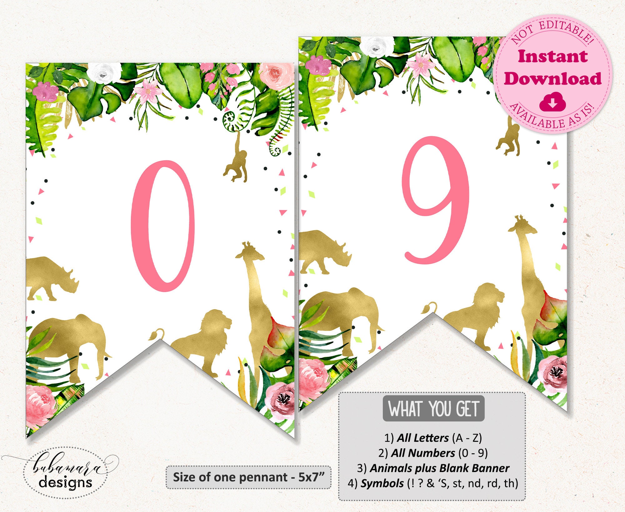 Jungle Animals Banner Safari Pennant Pink Floral Tropical - Etsy