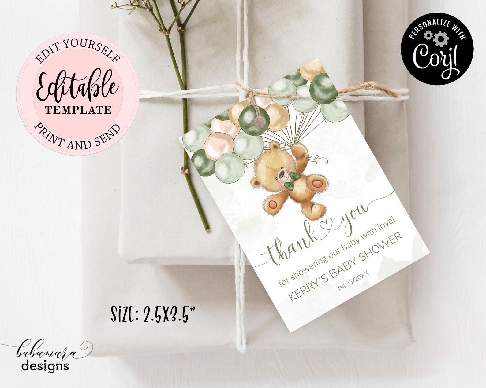 Editable Teddy Bear Gift Tag Template Boy Bear Green Gold - Etsy