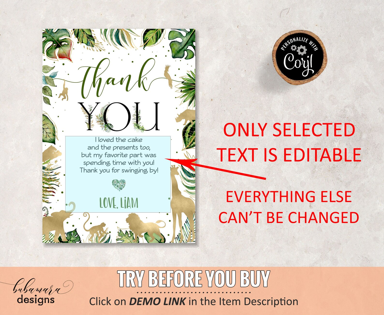 Editable Safari Animals Thank You Card Gold Jungle Animals | Etsy