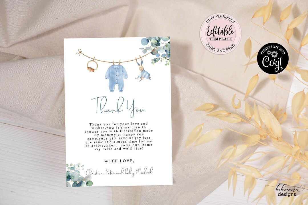Editable Baby Clothes Thank You Card, Boy Blue Laundry Baby Shower ...