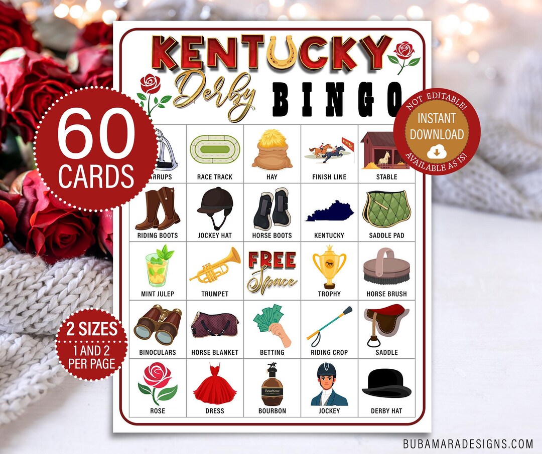 60 Kentucky Derby Cards, Printable Horse Race Game Activity, Run Roses ...
