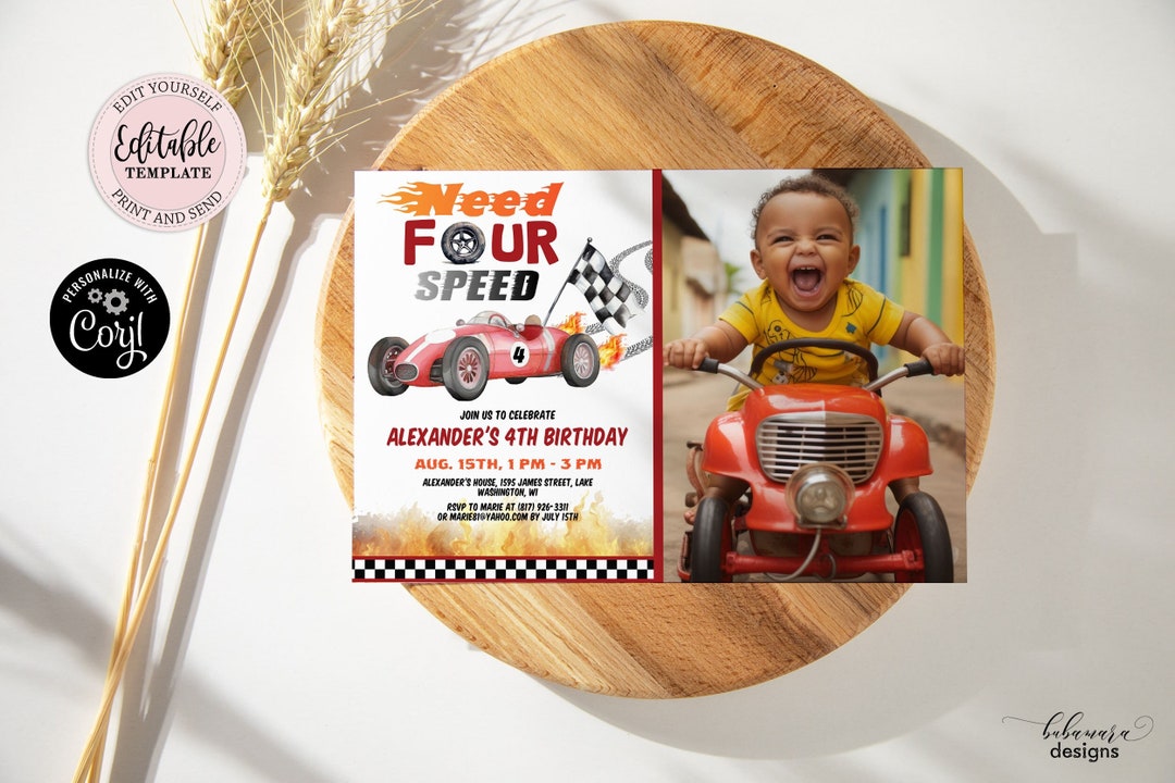 Editable Need Four Speed Race Car 4th Birthday Photo, Red Racing Car ...